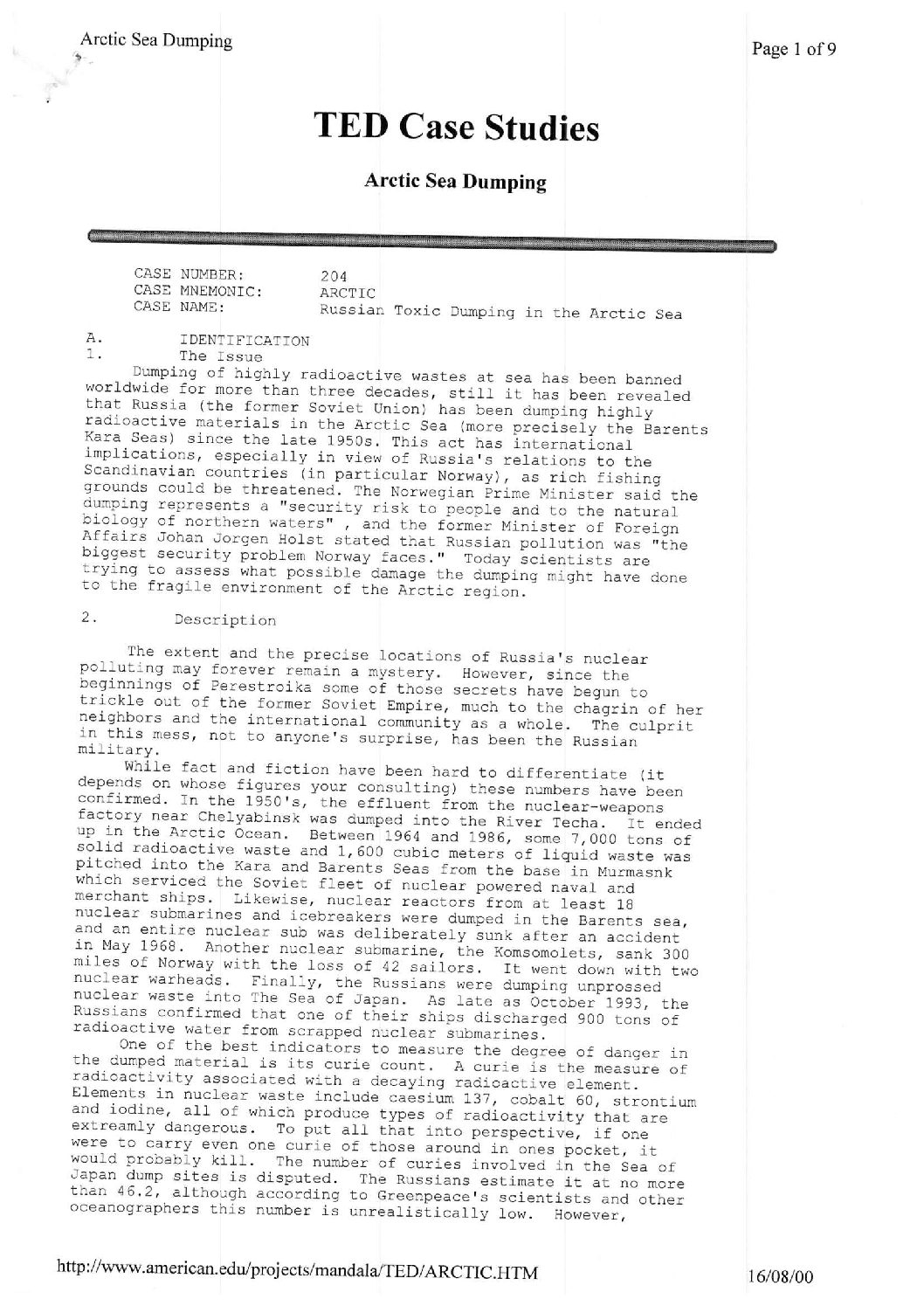 American.edu, TED Case Studies, Arctic Sea Dumping - Nuclear Information Service
