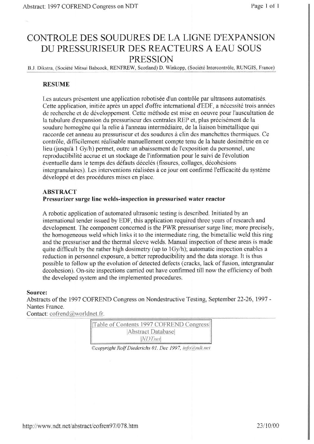 NDT.net, Pressurizer surge line welds-inspection in pressurised water ...