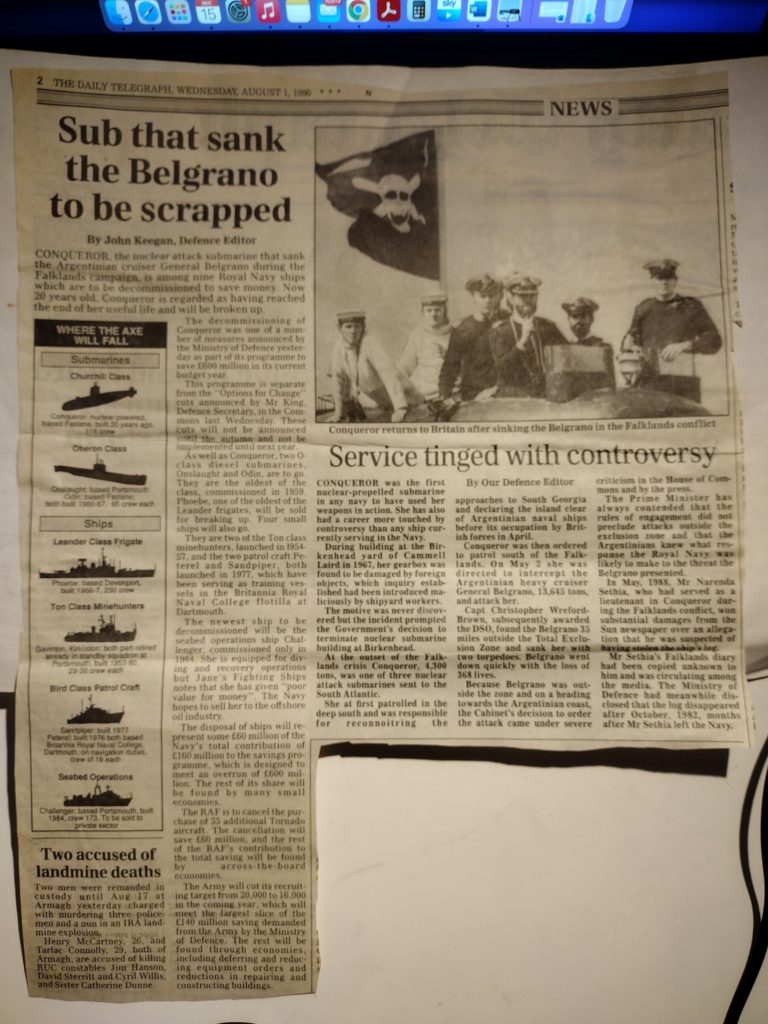 Daily Telegraph, Sub that sank Belgrano to be scrapped - Nuclear ...