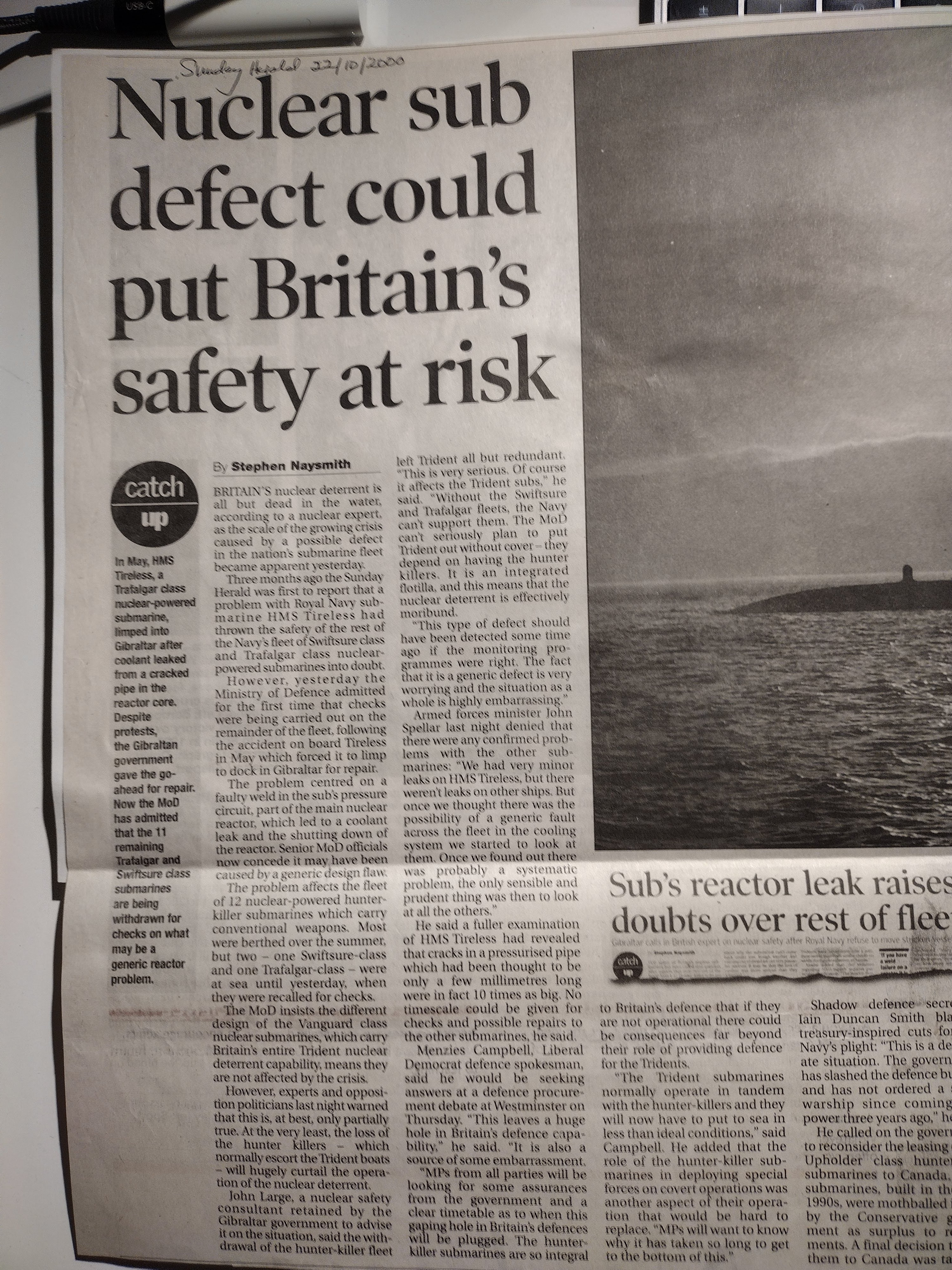 Sunday Herald, Nuclear sub defect could put Britain’s safety at risk ...